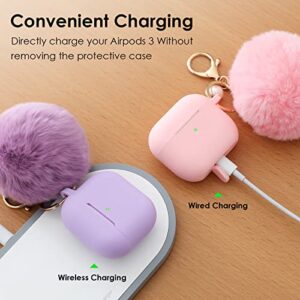 Protective Case Cover for Airpods 3 Charging Case, Soft Silicone Case Compatible with Air Pods 3rd Generation 2021 with Cute Ball Fluffy Pom Pom Keychain Kit (3rd, Pink)