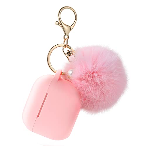 Protective Case Cover for Airpods 3 Charging Case, Soft Silicone Case Compatible with Air Pods 3rd Generation 2021 with Cute Ball Fluffy Pom Pom Keychain Kit (3rd, Pink)