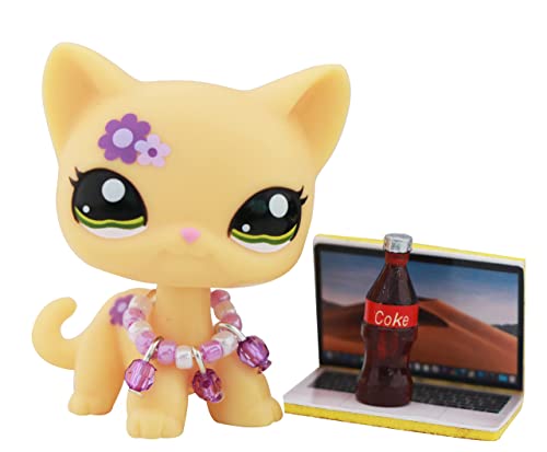 Junior Pet Shop lps Cat 1962, lps Shorthair Cat Yellow Body Purple Flower Kitten with lps Accessories Necklace Laptop Coke Kids Gift