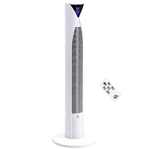 HOMCOM 37.75" 70° Oscillating Tower Fan Cooling for Bedroom with 3 Speeds, 12H Timer, LED Panel, and Remote Control, White