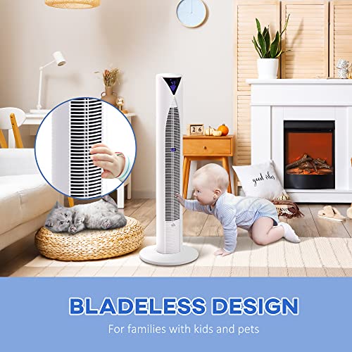 HOMCOM 37.75" 70° Oscillating Tower Fan Cooling for Bedroom with 3 Speeds, 12H Timer, LED Panel, and Remote Control, White