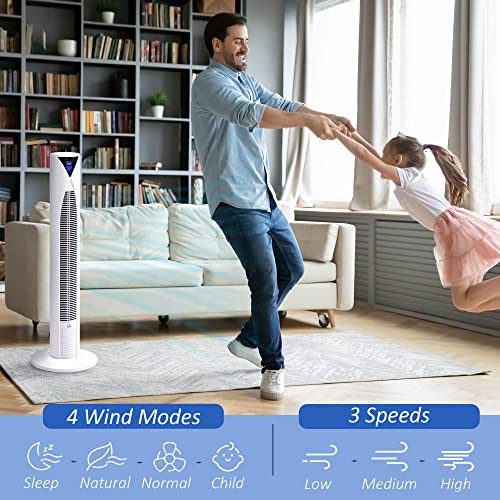 HOMCOM 37.75" 70° Oscillating Tower Fan Cooling for Bedroom with 3 Speeds, 12H Timer, LED Panel, and Remote Control, White