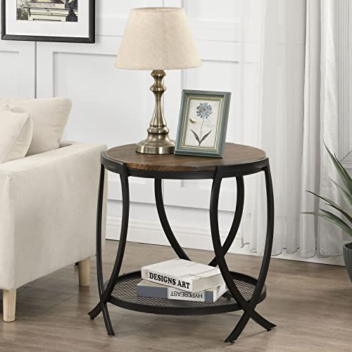 ASYA Industrial Round End Table with Storage Shelf, 2-Tier Side Table for Living Room, Adjustable Feet & lmitation Wood Grain Surface, Rustic Brown