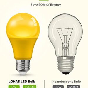 LOHAS Yellow LED Bug Light Bulbs Outdoor, A19 9W Bug Lights for Outside, 60W Equivalent, 2000K Amber Porch Light Bulb, Non-Attracting, E26 Base, Not-Dimmable, Ideal for Patio, Deck, Backyard, 2 Pack