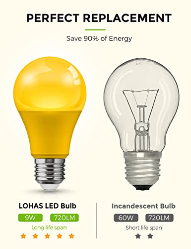 LOHAS Yellow LED Bug Light Bulbs Outdoor, A19 9W Bug Lights for Outside, 60W Equivalent, 2000K Amber Porch Light Bulb, Non-Attracting, E26 Base, Not-Dimmable, Ideal for Patio, Deck, Backyard, 2 Pack