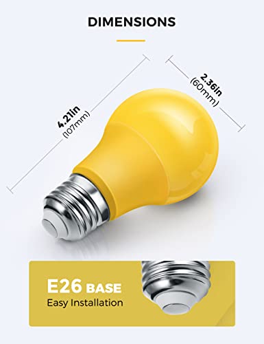 LOHAS Yellow LED Bug Light Bulbs Outdoor, A19 9W Bug Lights for Outside, 60W Equivalent, 2000K Amber Porch Light Bulb, Non-Attracting, E26 Base, Not-Dimmable, Ideal for Patio, Deck, Backyard, 2 Pack