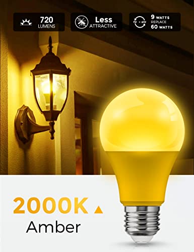 LOHAS Yellow LED Bug Light Bulbs Outdoor, A19 9W Bug Lights for Outside, 60W Equivalent, 2000K Amber Porch Light Bulb, Non-Attracting, E26 Base, Not-Dimmable, Ideal for Patio, Deck, Backyard, 2 Pack