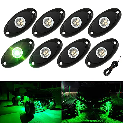 SUNPIE 8 Pods Green LED Rock Lights with Extension Wires for Off Road Truck Car ATV SUV UTV Motorcycle Under Body Glow Light Lamp Fender Lighting, 32-4/5Ft Extension Wires Provided