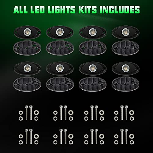 SUNPIE 8 Pods Green LED Rock Lights with Extension Wires for Off Road Truck Car ATV SUV UTV Motorcycle Under Body Glow Light Lamp Fender Lighting, 32-4/5Ft Extension Wires Provided