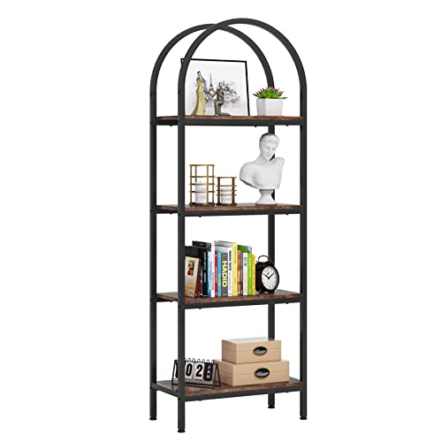 Tribesigns 4-Tier Open Bookshelf, 70.8" Industrial Arched Bookcase Storage Shelves with Metal Frame, Freestanding Display Rack Tall Shelving Unit for Office, Bedroom, Living Room (Rustic Brown, 1PC)