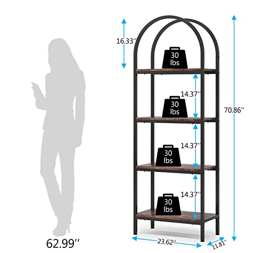 Tribesigns 4-Tier Open Bookshelf, 70.8" Industrial Arched Bookcase Storage Shelves with Metal Frame, Freestanding Display Rack Tall Shelving Unit for Office, Bedroom, Living Room (Rustic Brown, 1PC)