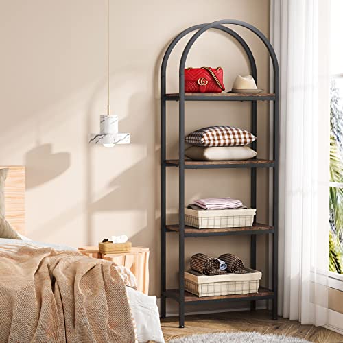 Tribesigns 4-Tier Open Bookshelf, 70.8" Industrial Arched Bookcase Storage Shelves with Metal Frame, Freestanding Display Rack Tall Shelving Unit for Office, Bedroom, Living Room (Rustic Brown, 1PC)