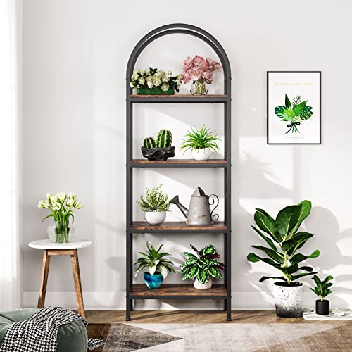 Tribesigns 4-Tier Open Bookshelf, 70.8" Industrial Arched Bookcase Storage Shelves with Metal Frame, Freestanding Display Rack Tall Shelving Unit for Office, Bedroom, Living Room (Rustic Brown, 1PC)