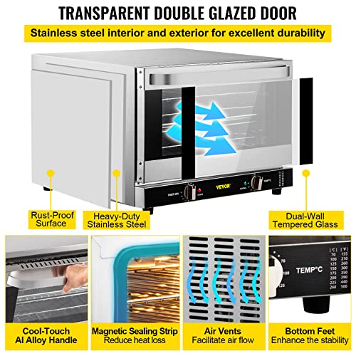 VEVOR Commercial Convection Oven, 47L/43Qt, Half-Size Conventional Oven Countertop, 1600W 4-Tier Toaster w/Front Glass Door, Electric Baking Oven w/Trays Wire Racks Clip Gloves, 120V