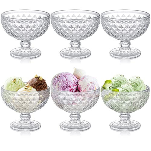 ZOOFOX Set of 6 Glass Dessert Bowls, 12 Oz Glass Ice Cream Sundae Cups with Vintage Diamond Pattern, Footed Dessert Bowl Set for Sundae, Ice Cream, Smoothie, Fruit, Salad, Yogurt, Trifle