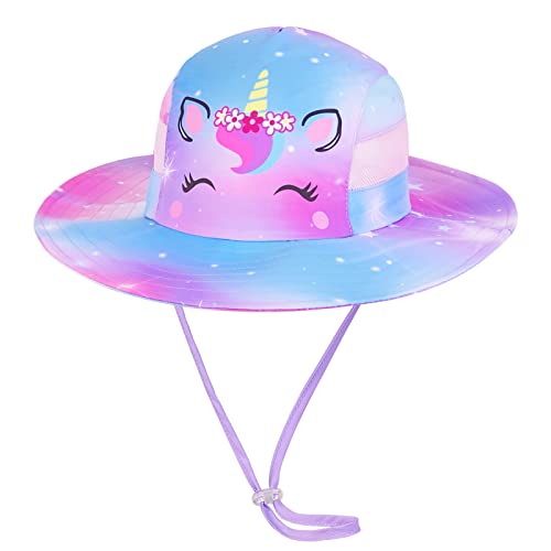 Kids Sun Hat for Girls Unicorn Bucket Hats UV Protection Summer Hat for Kids Wide Brim Fishing Hat 2-8 Years Blue Purple