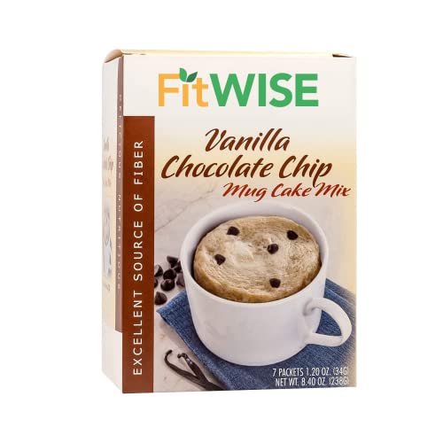 FITWISE - High Protein Mug Cake Mix, 15g Protein, Low Calorie, Low Net Carbs, Low Fat, High Fiber, Gluten Free, Ideal Protein Compatible, 7 Servings Per Box (Vanilla Chocolate Chip)