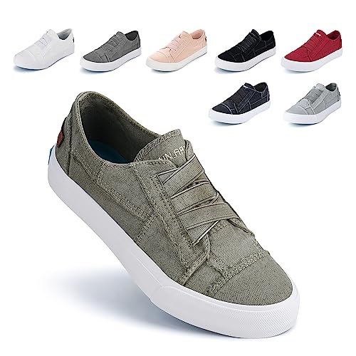 JENN ARDOR Women's Stylish Slip On Sneakers No Laces Elastic Low Top Canvas Sneakers Trendy Flats Comfortable Casual Walking Shoes