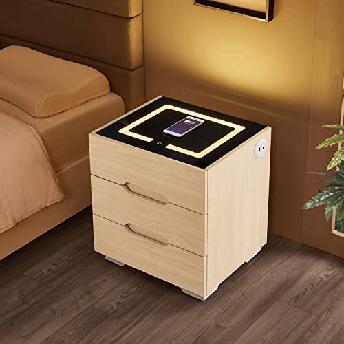 OLD CAPTAIN Nightstand Wireless Charging Station and LED Lights, Modern End Side Table with 3 Drawer for Bedrooms (White) …