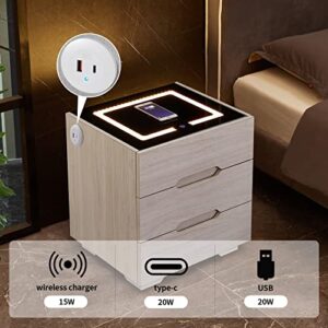 OLD CAPTAIN Nightstand Wireless Charging Station and LED Lights, Modern End Side Table with 3 Drawer for Bedrooms (White) …