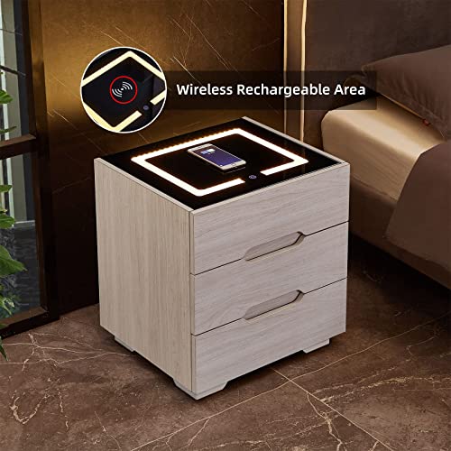 OLD CAPTAIN Nightstand Wireless Charging Station and LED Lights, Modern End Side Table with 3 Drawer for Bedrooms (White) …