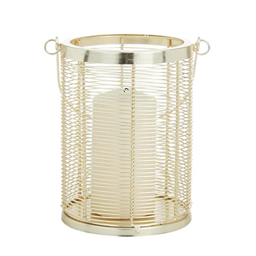 Deco 79 Metal Pillar Candle Lantern with Thin Metal Handle, 8" x 6" x 9", Gold