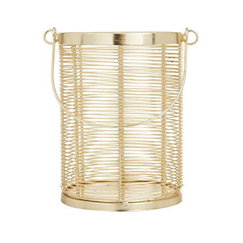 Deco 79 Metal Pillar Candle Lantern with Thin Metal Handle, 8" x 6" x 9", Gold