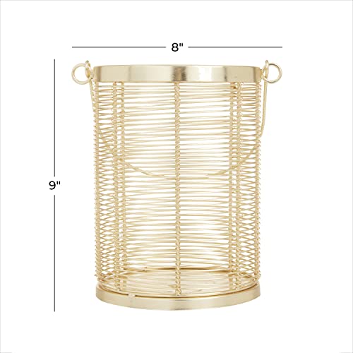 Deco 79 Metal Pillar Candle Lantern with Thin Metal Handle, 8" x 6" x 9", Gold