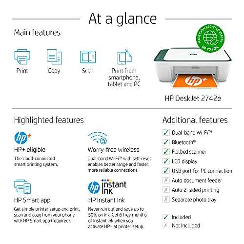 HP DeskJet 27 42e Series Wireless Inkjet Color All-in-One Printer - Print Copy Scan - Mobile Printing - USB Connectivity - Up to 7 ISO PPM - Up to 4800 x 1200 DPI - Sequoia + HDMI Cable