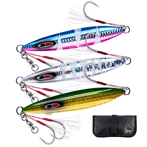 Goture Glow Slow Pitch Jigs with Portable Jig Bag, Double Assist Hook Fishing Jig Lead Saltwater Jigging Lures for Tuna, Dogtooth Tuna, Yellowtail, Kingfish, Bluefin-3Weights(100g/150g/250g) &3Colors