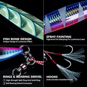 Goture Glow Slow Pitch Jigs with Portable Jig Bag, Double Assist Hook Fishing Jig Lead Saltwater Jigging Lures for Tuna, Dogtooth Tuna, Yellowtail, Kingfish, Bluefin-3Weights(100g/150g/250g) &3Colors