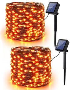 brizled orange lights halloween, 2 pack 39.37ft 120 led orange fairy lights, solar powered halloween lights 8 modes, waterproof twinkle halloween fairy light for halloween party yard decor, black wire