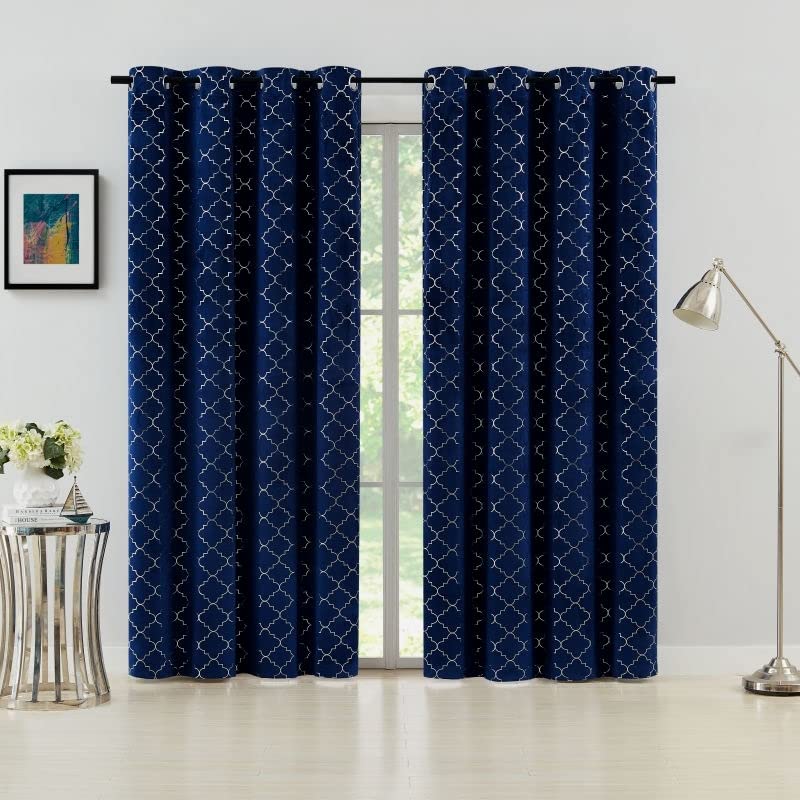 Jackroy Velvet Blackout Curtains 84 Inch Length for Dining Room, Silver Pattern Curtains for Living Room 2 Panels Set, Light Blocking Grommet Design Curtains for Bedroom with 52”Wx84”L