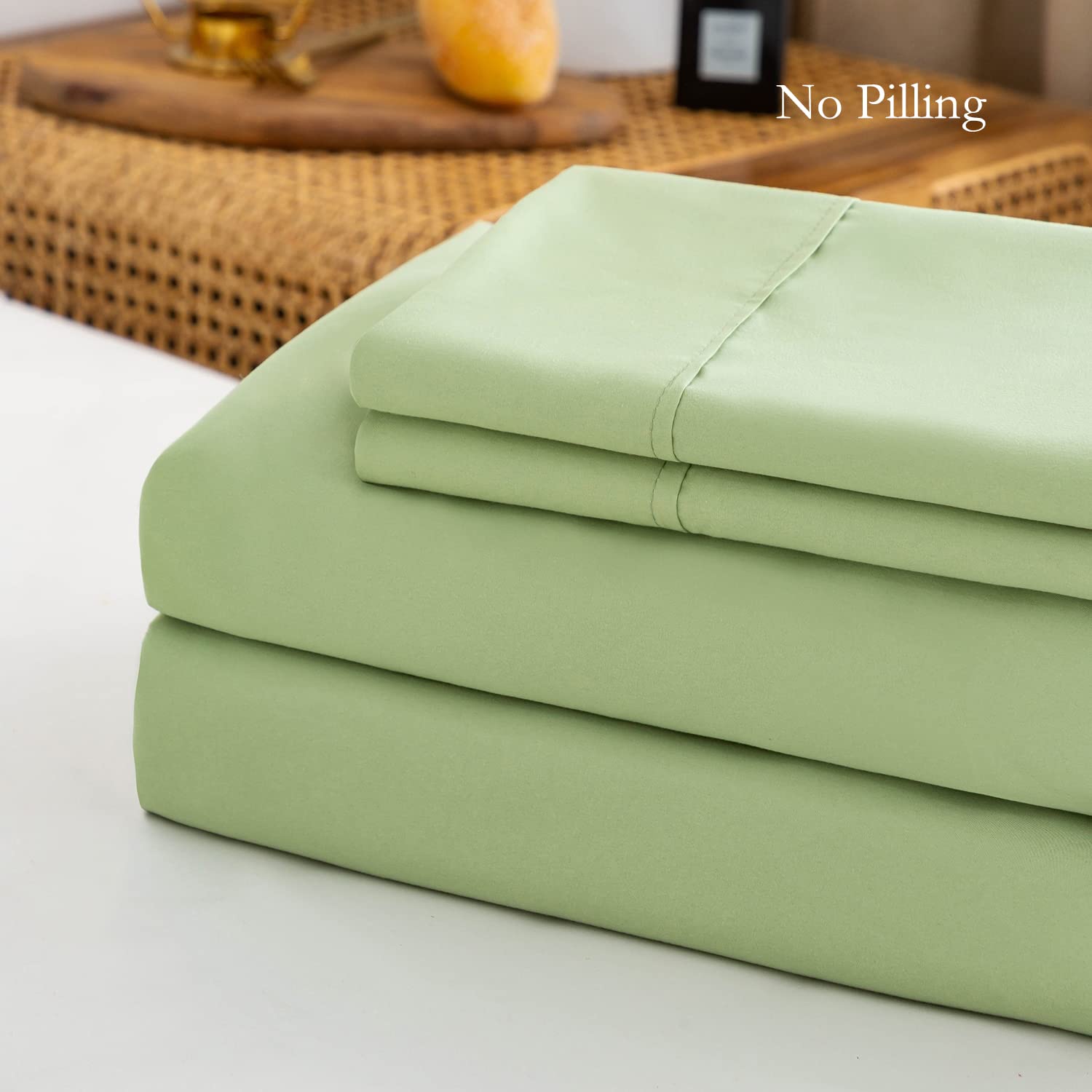 Full Size Bed Sheets Set 4 Piece - HENGWEI Extra Soft Deep Pocket Bedding Sheets & Pillowcases, Brushed Microfiber, Wrinkle Free, Fade Resistant, Breathable - Sage Green