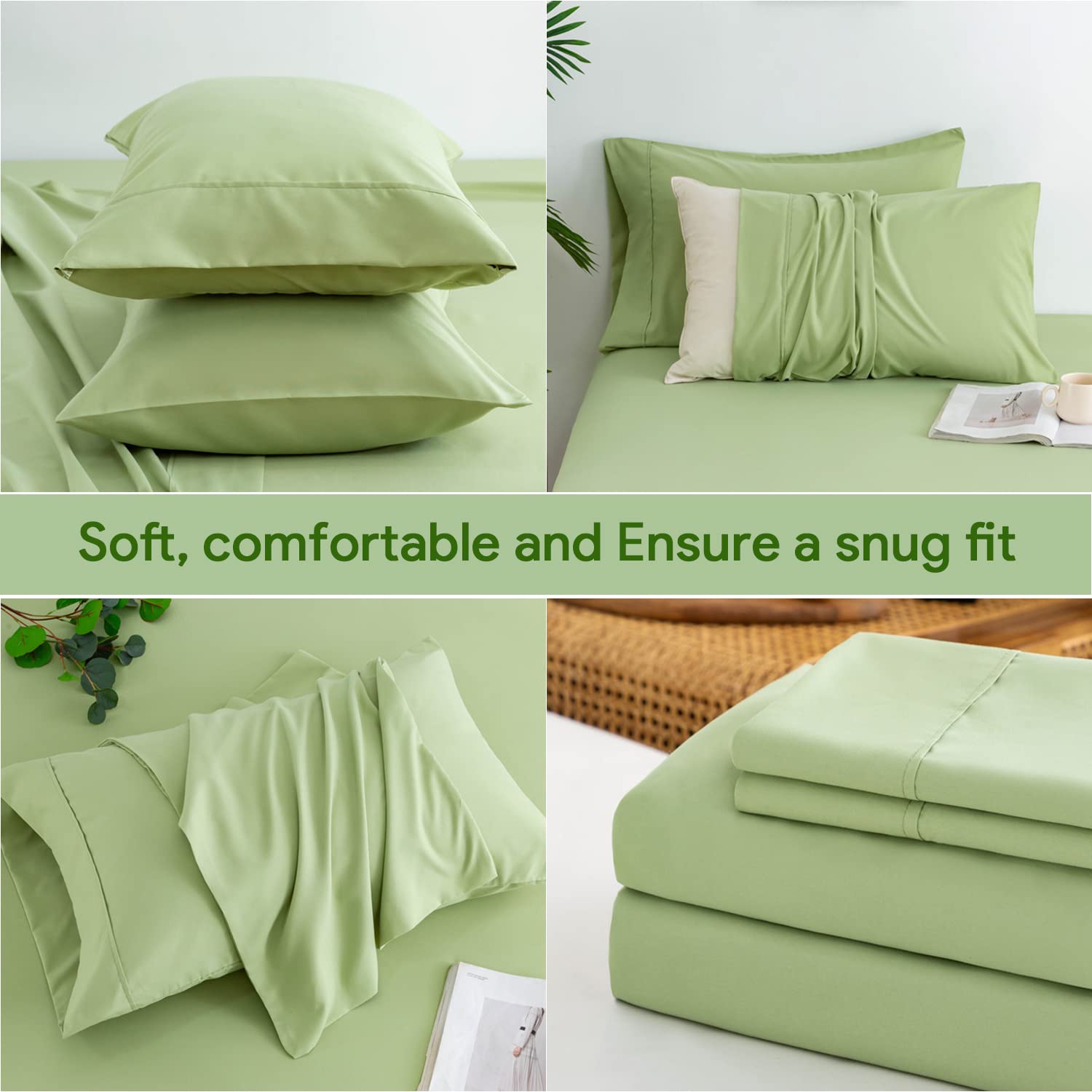 Full Size Bed Sheets Set 4 Piece - HENGWEI Extra Soft Deep Pocket Bedding Sheets & Pillowcases, Brushed Microfiber, Wrinkle Free, Fade Resistant, Breathable - Sage Green