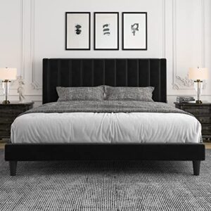 allewie king bed frame/velvet upholstered bed frame with vertical channel tufted headboard/strong wooden slats/platform bed frame/mattress foundation/box spring optional/easy assembly/black