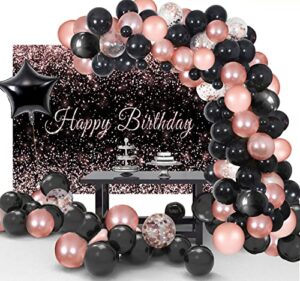 toylin rose gold black birthday decorations, 100 pcs black rose gold birthday balloons photography backdrop banner for boys girls men women birthday party decorations supplies