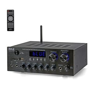 pyle bluetooth home audio amplifier receiver stereo 300w dual channel sound audio system w/mp3, usb, sd, aux, rca, mic, headphone, fm, led, reverb delay, for home theater speakers, studio - pda69bu