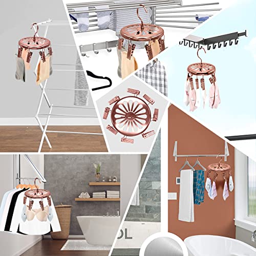 Drying Rack Portable Laundry Clothes Hanger Golden Stainless Steel Round Hanging with 8 Clips for Drying Socks, Hat, Pants, Baby Clothes, Bras, Masks, Underwear, Scarf, Gloves Hanger -Rose Gold