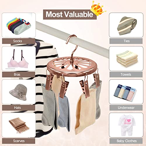 Drying Rack Portable Laundry Clothes Hanger Golden Stainless Steel Round Hanging with 8 Clips for Drying Socks, Hat, Pants, Baby Clothes, Bras, Masks, Underwear, Scarf, Gloves Hanger -Rose Gold