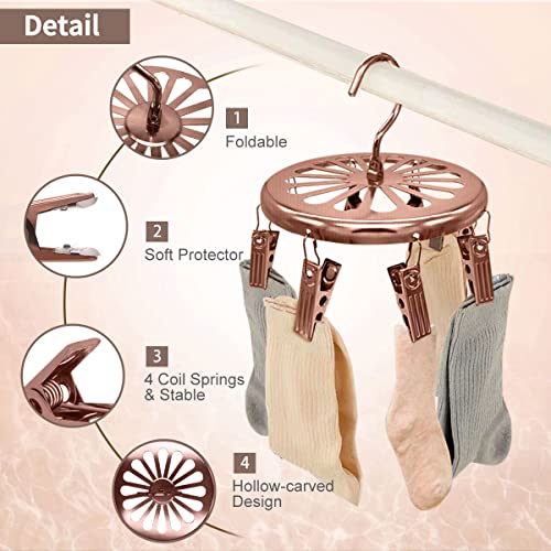 Drying Rack Portable Laundry Clothes Hanger Golden Stainless Steel Round Hanging with 8 Clips for Drying Socks, Hat, Pants, Baby Clothes, Bras, Masks, Underwear, Scarf, Gloves Hanger -Rose Gold