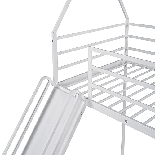 Harper & Bright Designs Twin Over Twin House Bunk Bed with Slide and Ladder, Metal Low Bunk Bed Frame for Kids Girls Boys - White