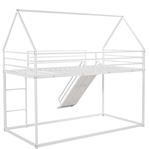 Harper & Bright Designs Twin Over Twin House Bunk Bed with Slide and Ladder, Metal Low Bunk Bed Frame for Kids Girls Boys - White