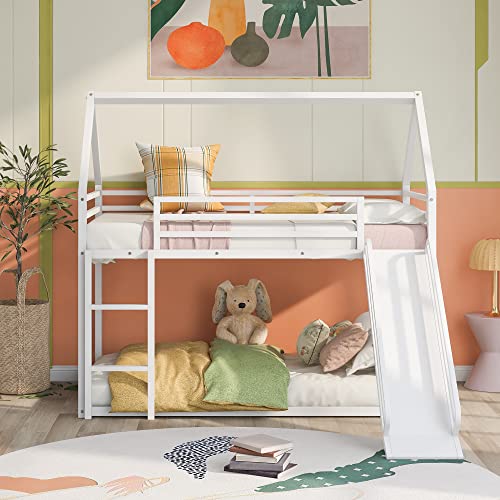 Harper & Bright Designs Twin Over Twin House Bunk Bed with Slide and Ladder, Metal Low Bunk Bed Frame for Kids Girls Boys - White