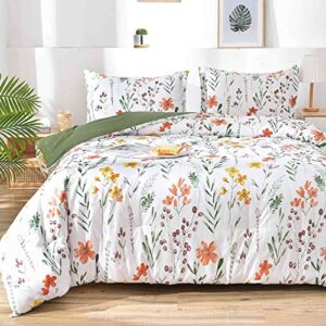 queen size comforter set, white yellow floral, green leaf pattern print reversible down alternative bed sets - 90 x 90 3pc soft microfiber flower duvet vintage farmhouse bedding in a bag for women men