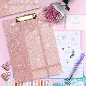 WAVEYU Acrylic Clipboard, Glitter Pink Clipboard for Women Girls, Stardard Letter Size Clipboard with Low Profile Gold Clip Designed for Classroom School and Office Use, A4 Size 12.5" x 9", Rose Gold