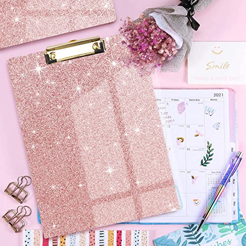 WAVEYU Acrylic Clipboard, Glitter Pink Clipboard for Women Girls, Stardard Letter Size Clipboard with Low Profile Gold Clip Designed for Classroom School and Office Use, A4 Size 12.5" x 9", Rose Gold