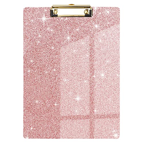 WAVEYU Acrylic Clipboard, Glitter Pink Clipboard for Women Girls, Stardard Letter Size Clipboard with Low Profile Gold Clip Designed for Classroom School and Office Use, A4 Size 12.5" x 9", Rose Gold