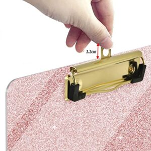 WAVEYU Acrylic Clipboard, Glitter Pink Clipboard for Women Girls, Stardard Letter Size Clipboard with Low Profile Gold Clip Designed for Classroom School and Office Use, A4 Size 12.5" x 9", Rose Gold