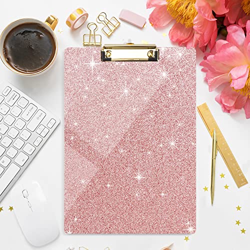 WAVEYU Acrylic Clipboard, Glitter Pink Clipboard for Women Girls, Stardard Letter Size Clipboard with Low Profile Gold Clip Designed for Classroom School and Office Use, A4 Size 12.5" x 9", Rose Gold